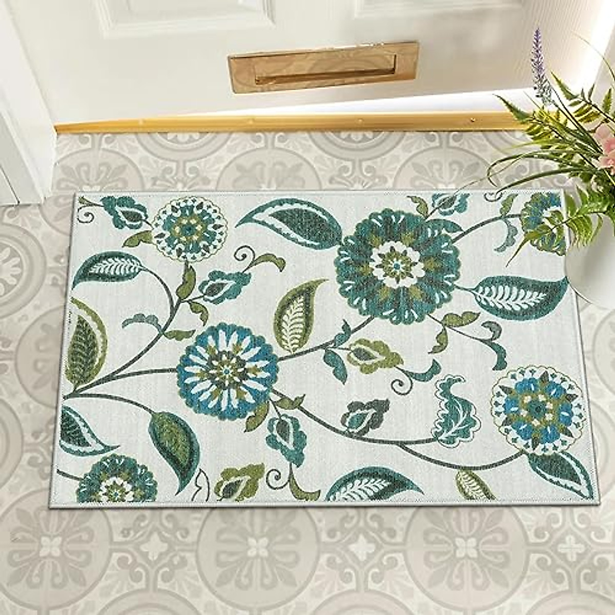 KIMODE Floral Door Mat 24''x36'', Washable Non-Slip Entryway Rugs Indoor,Front Indoor Doormat,Low-Pile Distressed Plant Print Throw Rug for Entrance/Kitchen/Hallway/High Traffic Areas