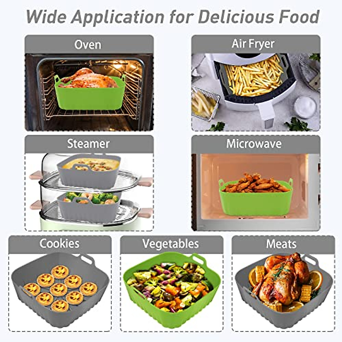 2 PCS Silicone Air Fryer Liners 9 Inch Square Easy Cleaning Air Fryer Silicone Liners for 6-9 QT Frying Basket, Heat Resistant Reusable Ninja Air Fryer Accessories (Grey+Green)