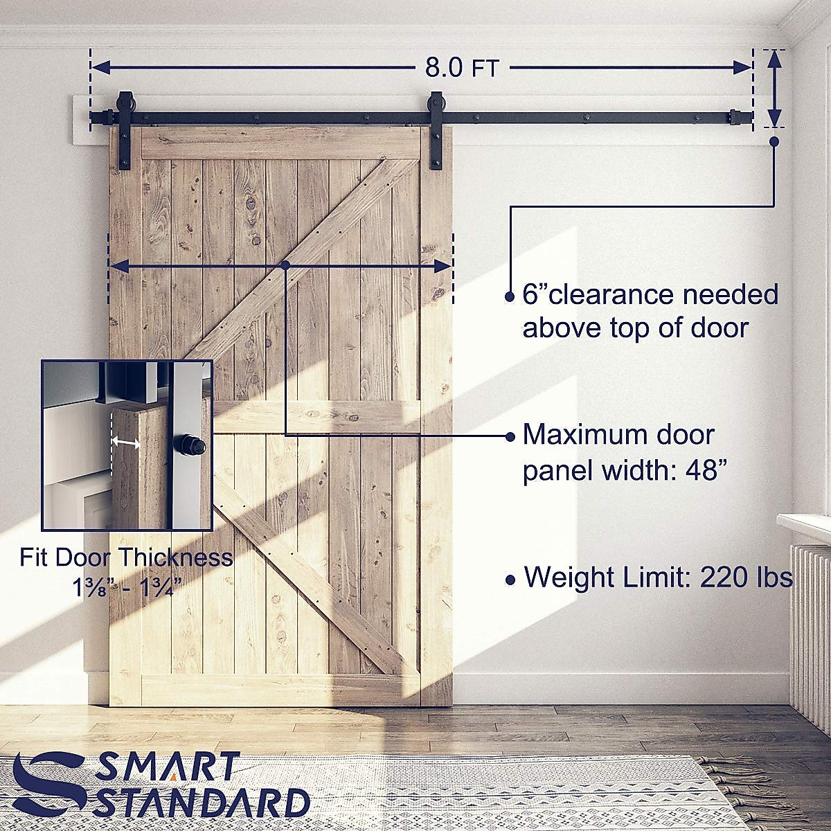 8ft Heavy Duty Sliding Barn Door Hardware Kit(J Shape) + Barn Door Bottom Adjustable Floor Guide Roller + 12" Pull and Flush Barn Door Handle + Barn Door Large Size Latch Lock