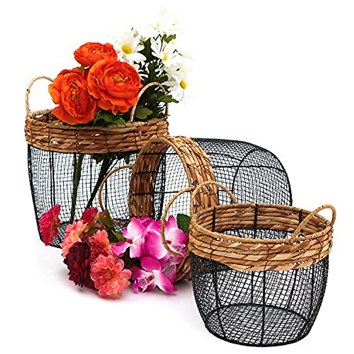 Trademark Innovations Oval Wire Tall Garden Home Décor Baskets with Wicker and Handles - Set of 3