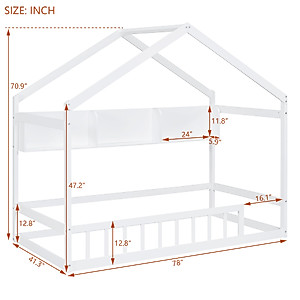 Harper & Bright Designs Twin Size House Bed with Storage Shelf, Montessori Floor Bed with Fence and Roof, Wooden Twin Bed Frame for Kids, White