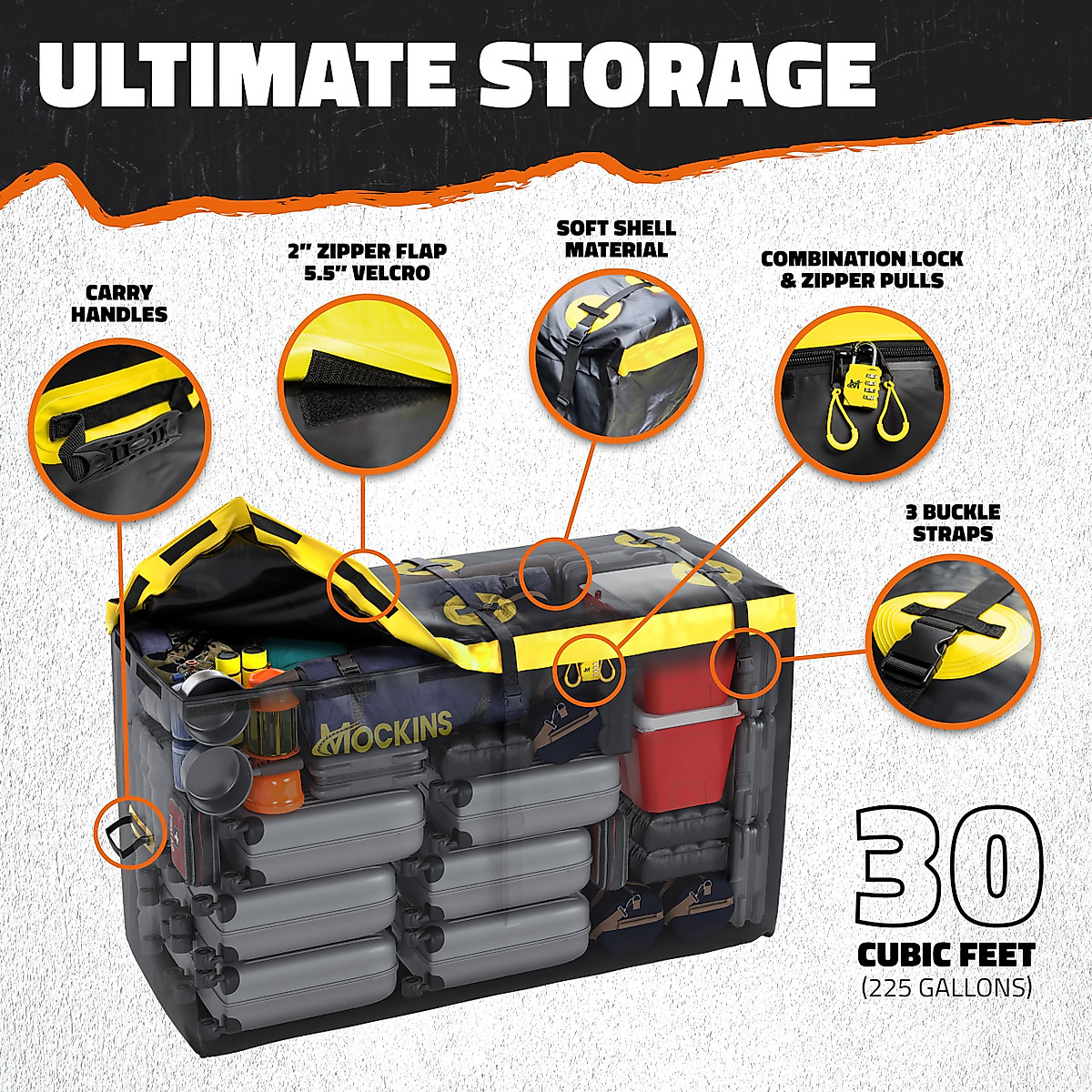 Mockins 30 Cu Ft Heavy Duty Trailer Hitch Cargo Carrier Bag | 60"x24"x36" Weatherproof Cargo Bag for Hitch Rack| Vinyl Vehicle Soft Shell Carriers w/Straps & Combo Lock | Waterproof Truck Bed Storage