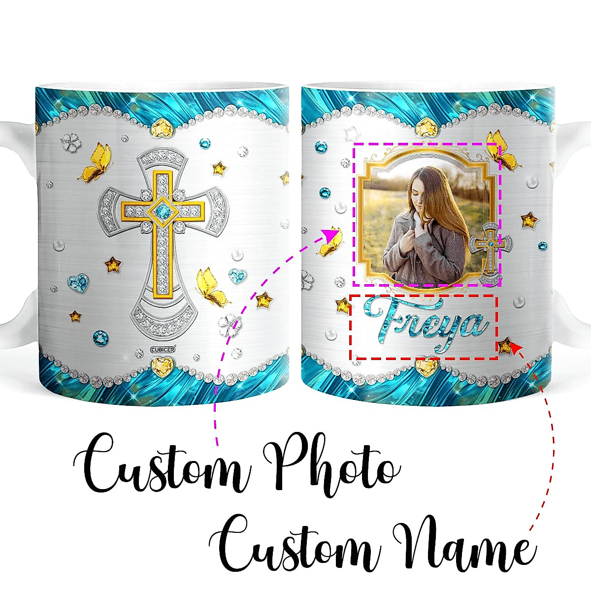 White Ceramic Coffee Mug Photo Mugs Personalized Picture Christian Custom Name Faith Birthday Gifts For Women Mom Mothers Day Novelty Tea Cup Table Desk Jewelry Style 11 and 15 Oz