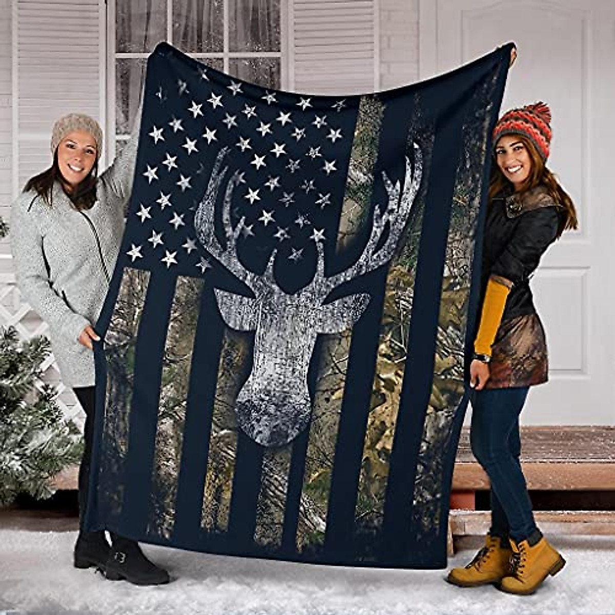 USA Camo Buck Deer Flag Hunting Blanket Throws Gift for Men,Super Soft Cozy Warm Blanket for Couch Chair Bed Sofa Office,60"X80"for Adult