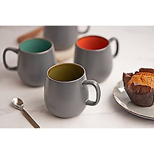 Kook Multicolor Deco Large Ceramic Coffee Mugs, Ceramic, Microwave & Dishwasher Safe, 21 oz, Semi-Matte, Grey, Set of 4