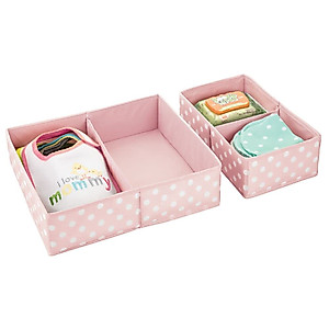 mDesign Soft Fabric Dresser Drawer and Closet Storage Organizer for Child/Kids Room, Nursery - Divided 2 Compartment Organizer - Fun Polka Dot Print, Set of 4 - Pink with White Dots
