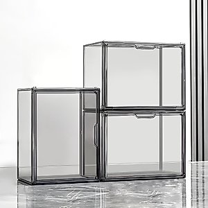 GUDEMAY Clear Stackable Plastic Storage Bins with Magnetic Lid, Dustproof Book & Cosmetic Display Cases, Large Figures Collectibles Showcase, Shoe Box, Protection Organizer (Transparent Gray -3 Pack)