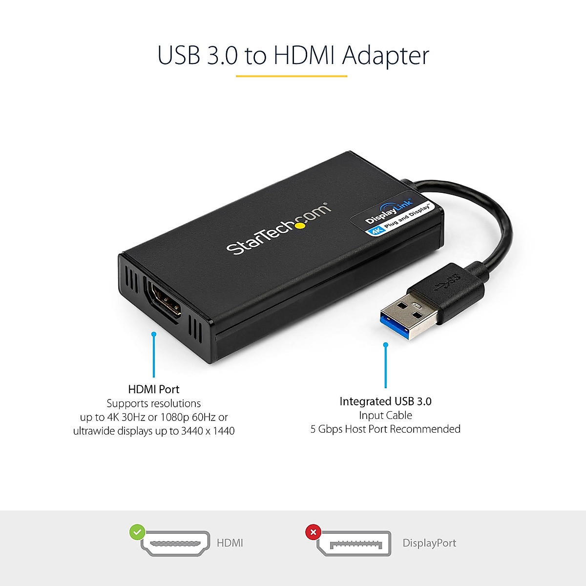 StarTech.com USB 3.0 to HDMI Adapter, 4K 30Hz UHD, USB to HDMI Display Adapter, External Adapter for Mac & Windows, TAA