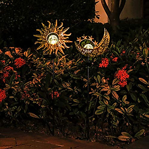 LANNIU Solar Garden Lights, Metal Solar Lights Outdoor Waterproof, Sun and Moon Solar Lights Decorative with Heavy Bulb Base, for Outdoor, Patio, Yard & Garden Decor