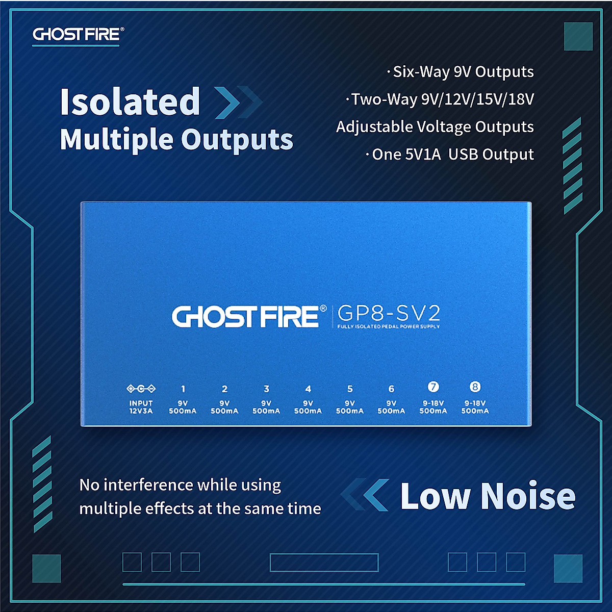 Ghost FIRE GP8-SV2 8-Output Pedal Power Supply+ 5V USB Output Fully Isolated Power Supply with Independent Short-Circuit Protection