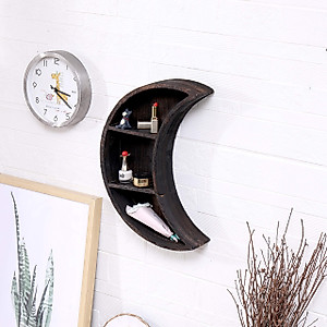 Wall Mounted Moon Shelf-Solid Wood Crystal Shelf，Distressed Antique Finished Storage Holder,Farmhouse Hanging Disaplay Shelves for Living Room,Bedroom(Burnt Color)