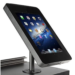 Displays2go Exhibit Tradeshow Counter with iPad Stand – Laminated MDF, Aluminum, Steel, Black Finish with Brown Wood Grain (CTR5IPDGBK)