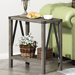 ChooChoo Farmhouse End Table for Small Spaces, Narrow Side End Table with Storage Shelf, Rustic A-Design Nightstand Sofa Table for Living Room, Bedroom (Grey) 2 Pack