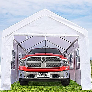 PEAKTOP OUTDOOR 10x20 ft Heavy Duty Carport Car Canopy with Removable Window Sidewalls, Portable Garage Tent Boat Shelter with Reinforced Triangular Beams, White