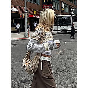 Womens Y2K Knitted Crop Tops Shrugs Patchwork Crochet Hollow Out Long Sleeve Off-Shoulder Loose Shirt Sweater(G Multi-Color, Large)