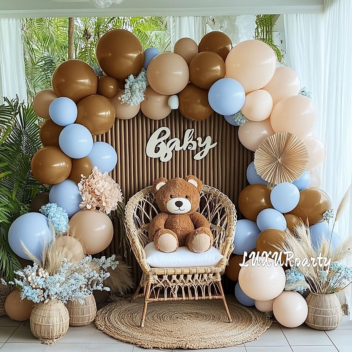 Blue Brown Nude Balloon Garland Double Stuffed Dusty Blue Coffee Pastel Balloon Kit for Teddy Bear Baby Shower Boy Birthday Gender Reveal Boho Theme Party Decorations