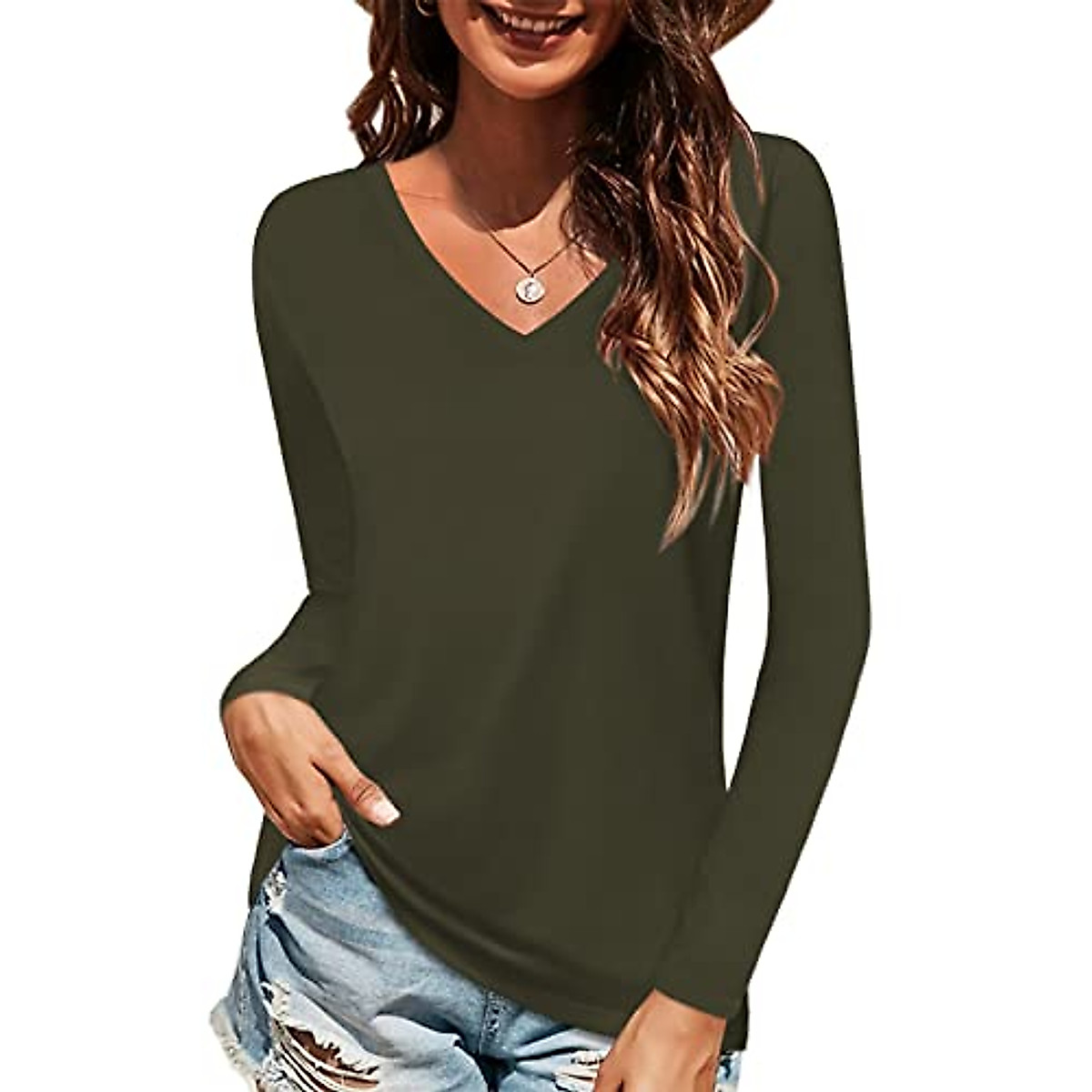 Elesomo Womens Long Sleeve T-Shirt Casual V-Neck Cotton Shirts Tops, Army Green XXL