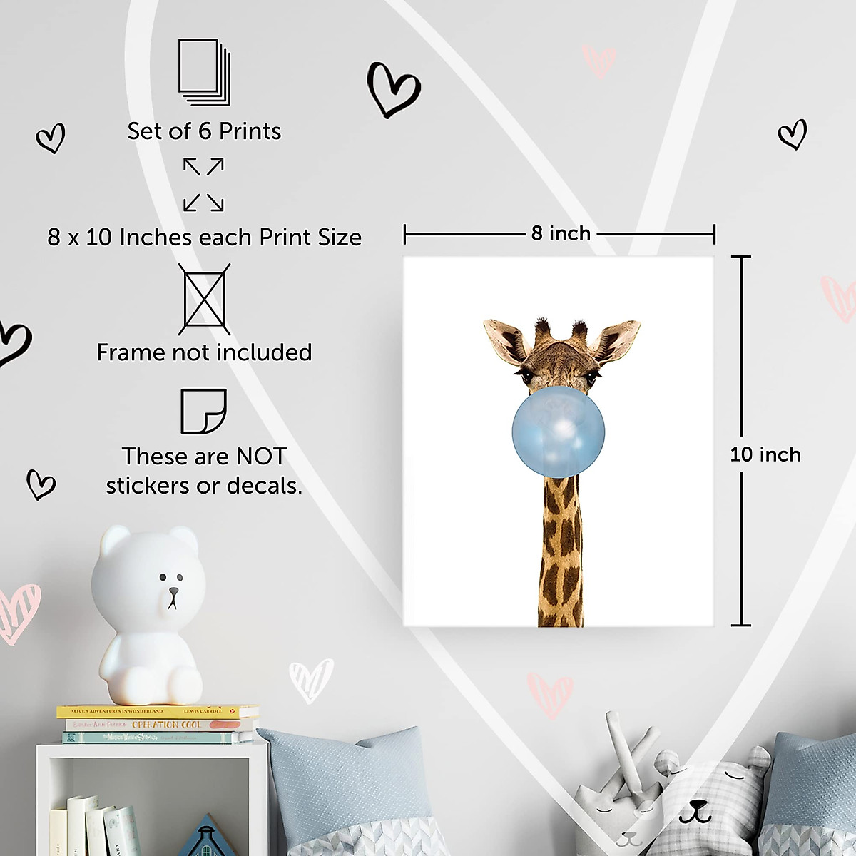 Designs by Maria Inc. Safari Blue Bubblegum Baby Animals Nursery Decor Art - Set of 6 (UNFRAMED) Wall Prints 8x10 (Blue)