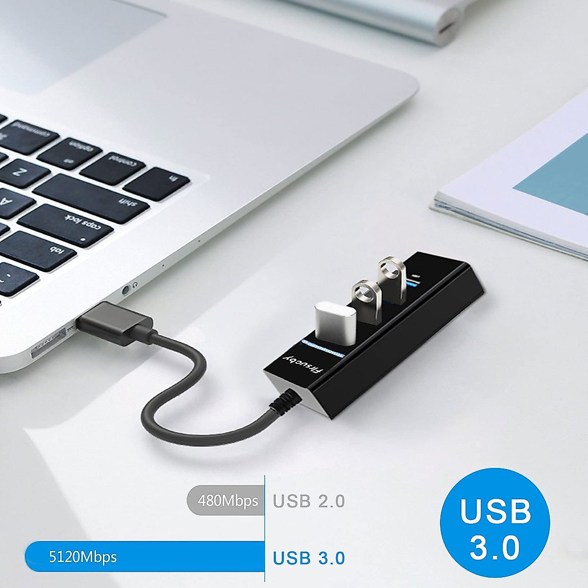 USB Hub 3.0 Flrsucby 4 Port USB 3.0 Hub with 1ft USB Splitter Cable Multi USB Port Expander, USB Hub for Laptop, PC, Mac, Printer, Mobile HDD, USB Flash Drive, School or Business Computer Accessories