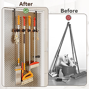 Rasdwt Broom Holder Over the Door, Wood Broom and Mop Rack, Over the Door Broom Holder, Drilling-Free Mop and Broom Holder with 2 Hooks for Garage, Laundry Room Broom Hanger and Storage Tool, Brown