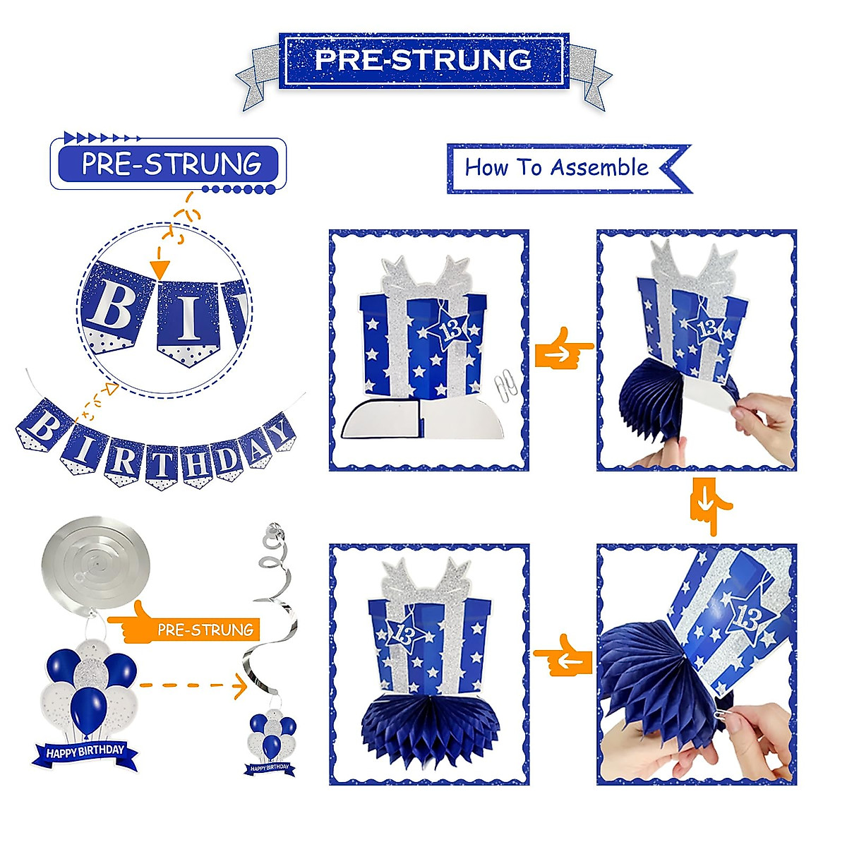 PRE-STRUNG Official Teenager 13th Birthday Decorations for Boys Girls, Happy 13th Birthday Letter Banner Sign Hanging Swirls Honeycomb Centerpieces Kit Blue, 13 Year Birthday Party Backdrop, PHXEY