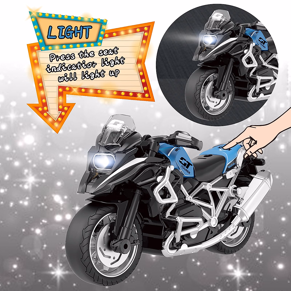 YA LE MING Motorcycle Toy,Pull Back Vehicles,with Light and Music Toys Motorcycle Model, Motorcycle Toys for 3+ Year Old Boys Girls (Blue)