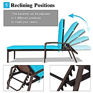 Tangkula 2 PCS Patio Rattan Chaise Lounge Chair, Outdoor Reclining Chaise with Cushion and Armrest, Wicker Sun Lounger with Adjustable Backrest for Garden, Balcony, Poolside (Turquoise)
