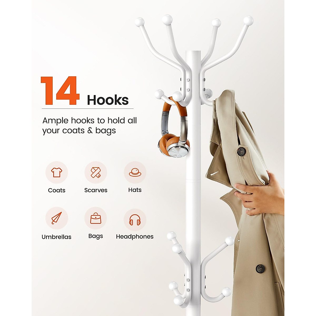 Pipishell Coat Rack with 14 Hooks, Freestanding Coat Rack Stand for Entryway, Hallway, Bedroom, and Office, Metal Coat Tree & Hat Rack for Coats, Hats, and Bags, White