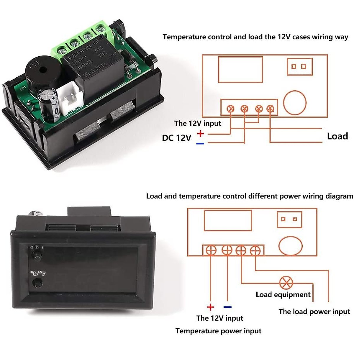 UMLIFE 2PCS Temperature Controller -50 to 110 Celsius (-58 to 230 F) DC 12V Programmable Heating/Cooling Thermostat Control Switch Module NTC Waterproof Sensor Probe Dual Color LED Display Monitor