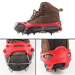 LINXGR 11-Spikes Kids Crampons Teens Ice Cleats for Shoes and Hiking Boots 11 Teeth Anti Slip Crampons Small for Camping Hiking Walking Shoes, Teens (Red, Large for Big Kids/Teenagers)