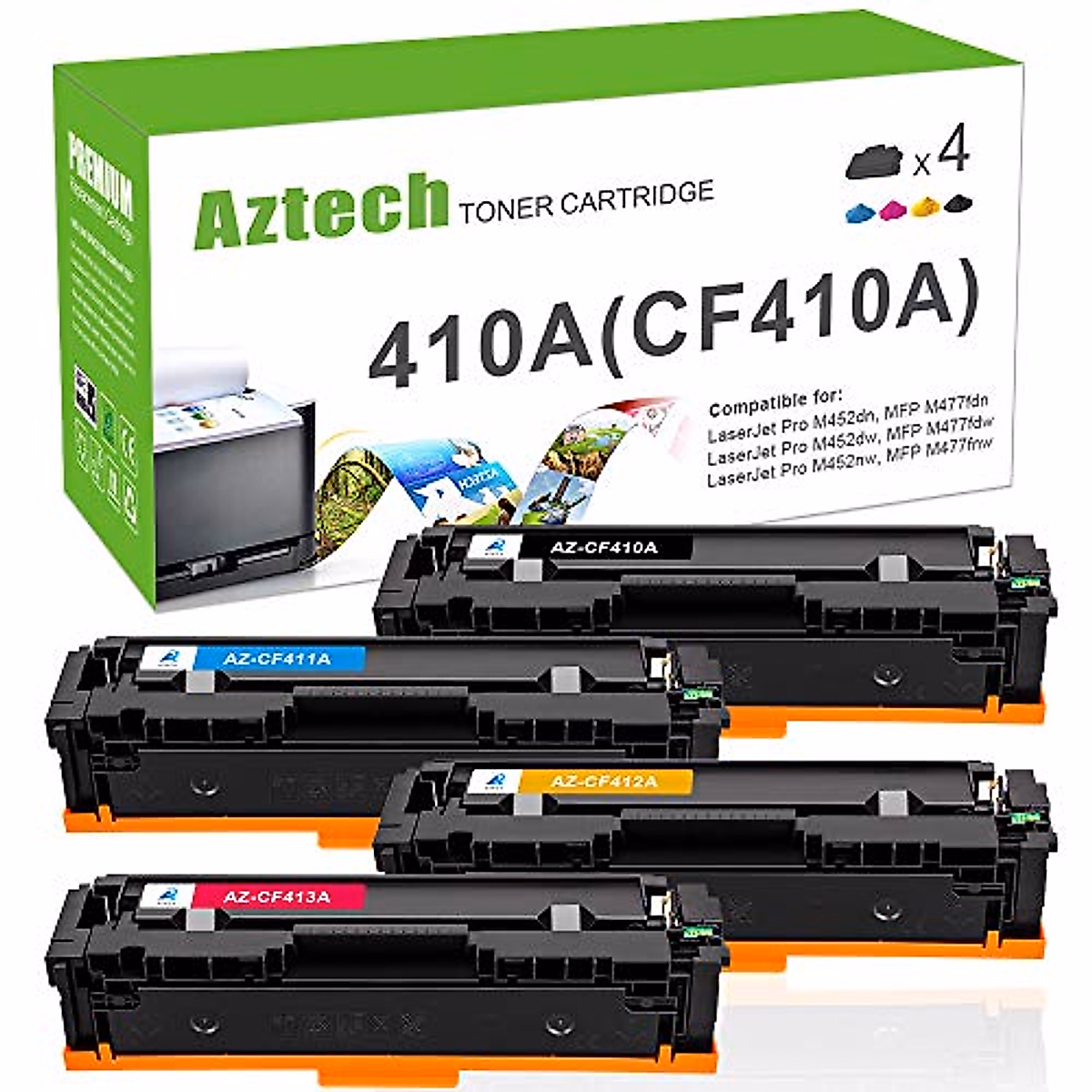 Aztech Compatible Toner Cartridge Replacement for HP 410A CF410A 410X CF410X CF411A CF412A CF413A Color Pro MFP M477fnw M477fdw M452dw M452nw Printer Ink (Black Cyan Yellow Magenta, 4-Pack)