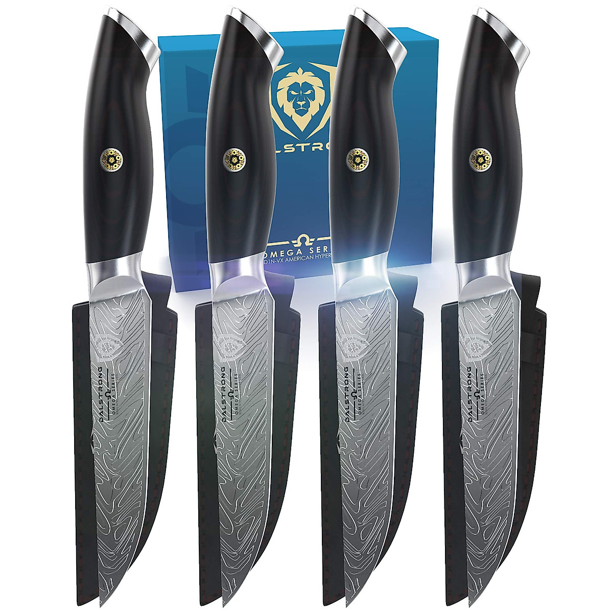 Dalstrong Steak Knife Set - 4 Piece - 5 inch Blade - Omega Series - BD1N-V Hyper Steel Kitchen Knife - G10 Woven Fiberglass Handle - Razor Sharp Knife - Leather Sheath Included