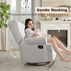 FansaFurn Recliner Comfy Upholstered Glider Lumbar Pillow and Footrest, Swivel Rocking Chair for Living Room, Grey