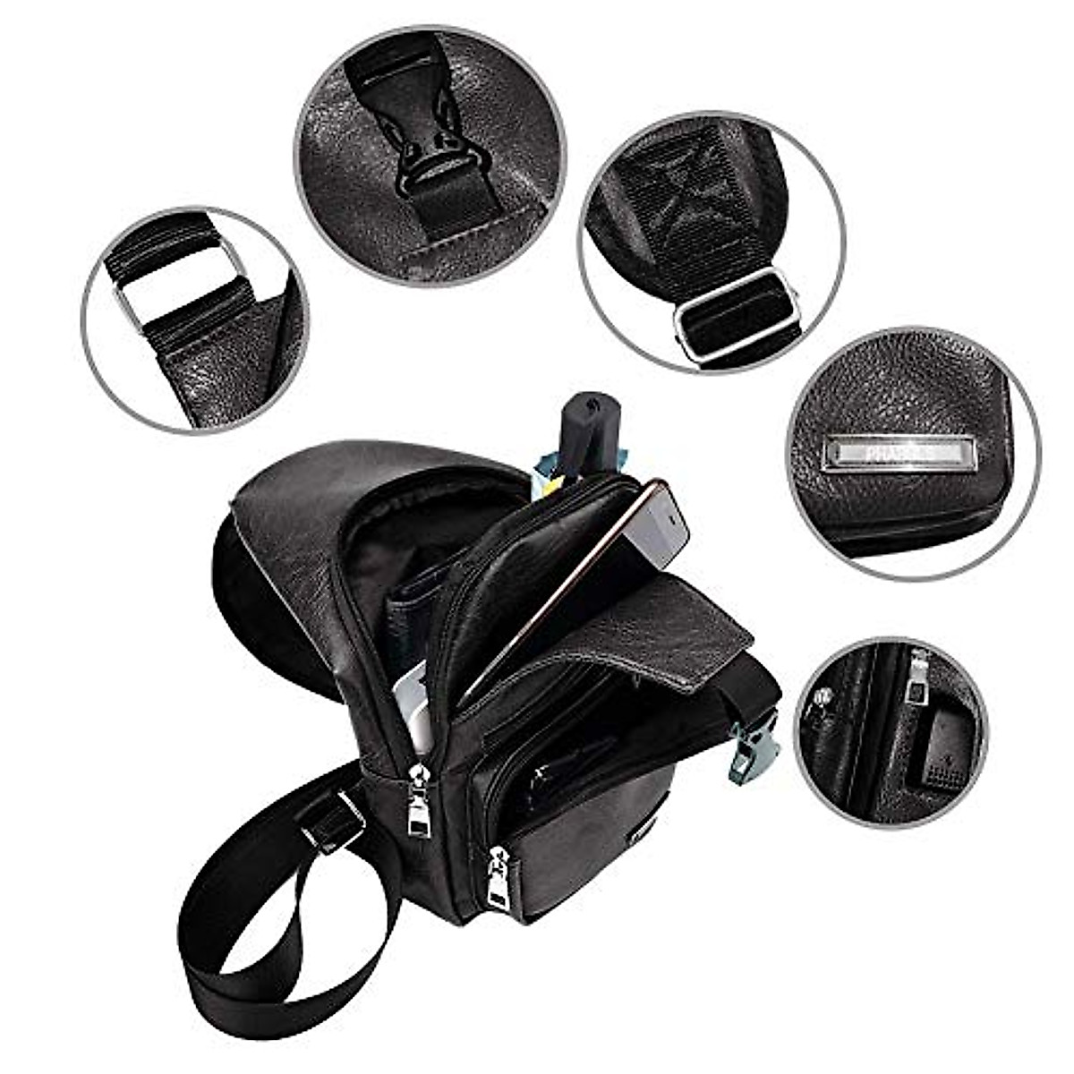 PHABULS Men's Side Sling Faux Leather Backpack Chest Bag for Men with USB Charging Port for Travel, Hiking,Cycling(Black)