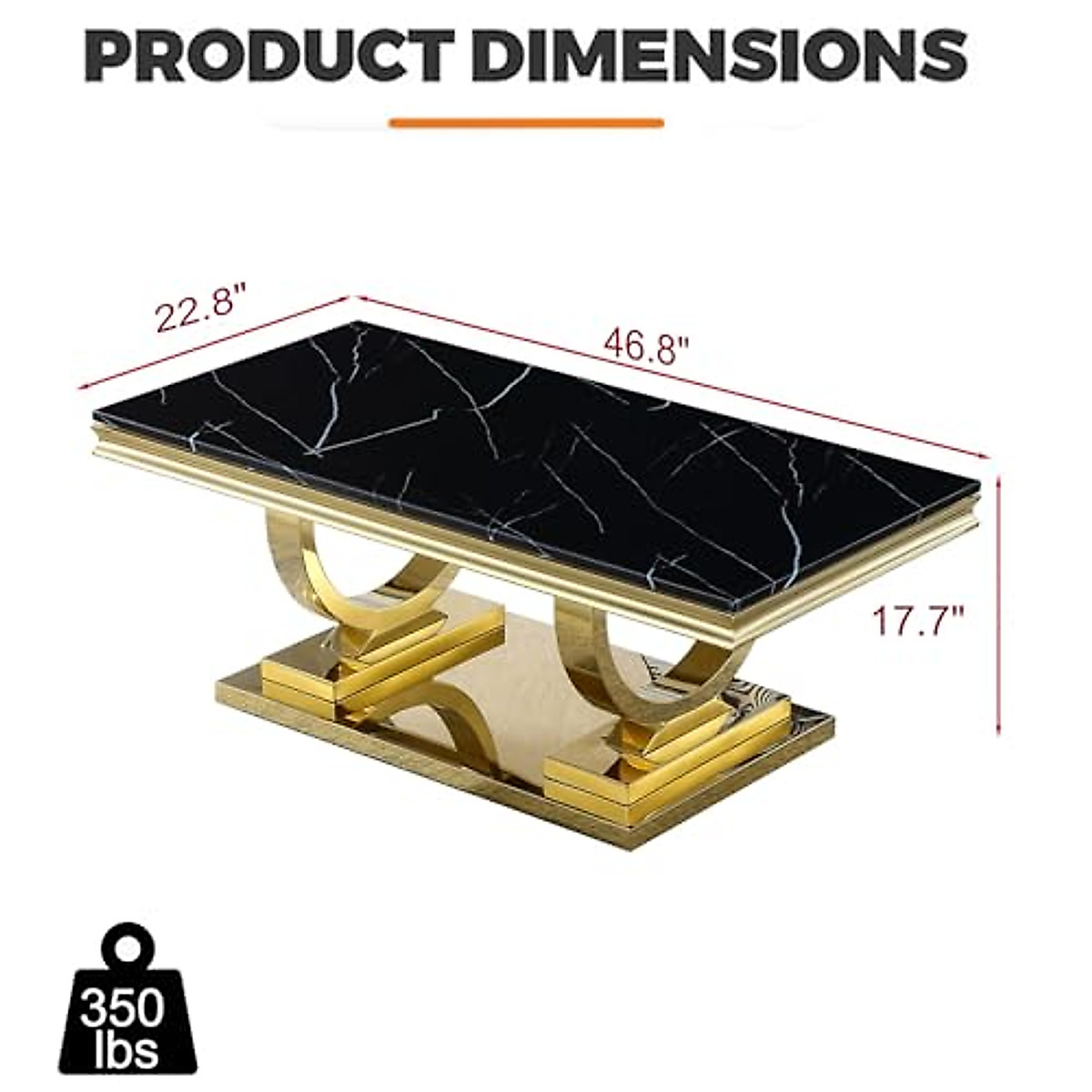 46.85" Modern Coffee Table with Black Marble Top, Rectangular Faux Marble Coffee Table with Gold Stainless Steel Pedestal Base, Luxury Cocktail Center Table for Living Room