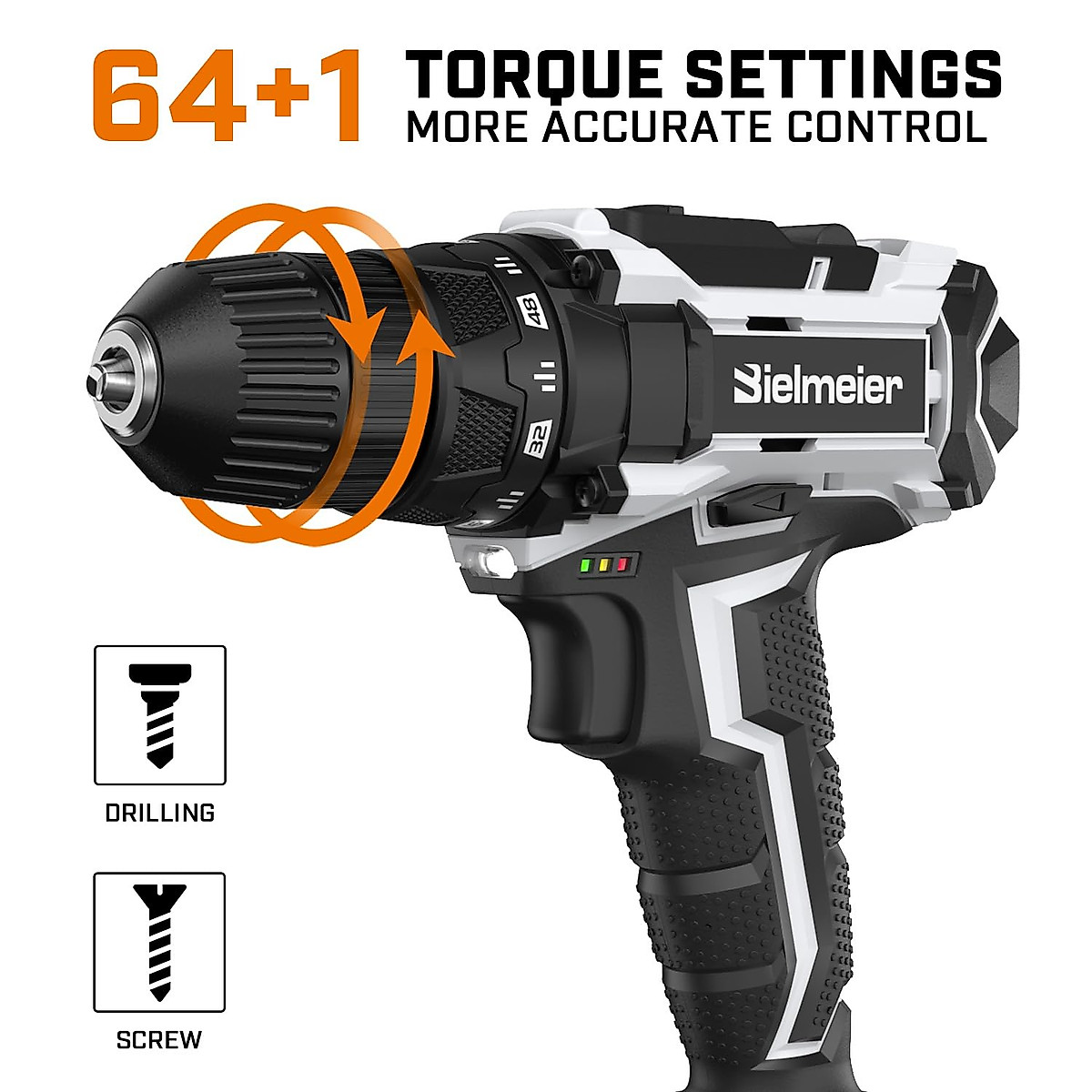 Bielmeier 20V MAX Cordless Drill Set – 285 In-lb Torque,2 Variable Speed,64+1 Position,3/8" Keyless Chuck,Drill Machine Includes 2 Brushes,Flex Shaft,Cloth Bag & 58 Drill Bits（Black）