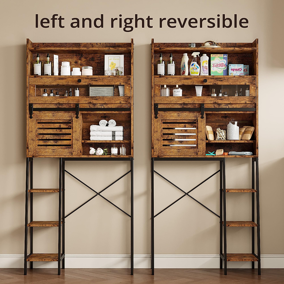 IRONCK Over The Toilet Storage with Cabinet, Sliding Barn Door, Side Storage Open Rack, Mass-Storage Over Toilet Bathroom Organizer for Bathroom, Restroom, Laundry, Vintage Brown