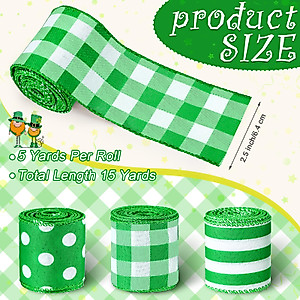 3 Rolls 15 Yards St. Patrick's Day Burlap Wired Ribbons Green Wrapping Ribbons Farmhouse Craft Ribbon Plaid Striped Dot Ribbons for Saint Patty's Day Party Irish Home DIY Crafts Holiday Decoration