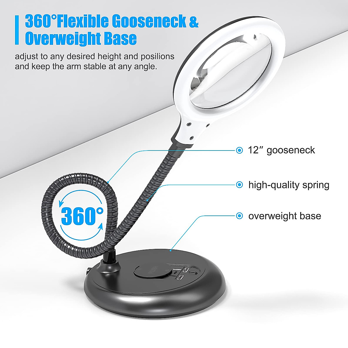 3 in 1 Magnifying Glass with Light and Stand, 5X Lighted Magnifier Lamp with PD USB C Charging Port, Hands-Free Adjustable Magnifying lamp for Reading Close Work Reading Sewing Crafts Painting Nails