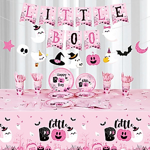 Geyee 173 Pcs Pink Halloween Party Supplies Serves 24 Include Pink Halloween Birthday Tablecloth Pumpkin Ghost Little Boo Banner Pink Halloween Plates Napkins Tableware Set for Halloween Baby Shower