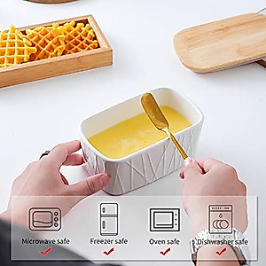 KOOV Porcelain Large Butter Dish with Lid for Countertop, Airtight Butter Container with Oak Lid, Butter Crock, Perfect for 2 Sticks of Butter, Irregular Striped Series (White)