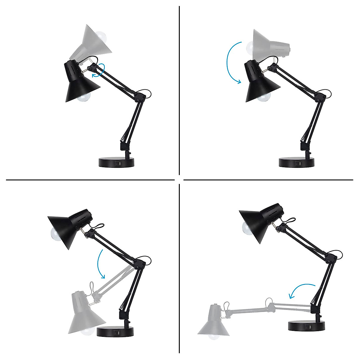 FIRVRE Metal Desk Lamp Black Adjustable Flexible Goose Neck Swing Arm Table Lamp with USB Charging Port Portable Eye-Caring Reading Lamp for Home Office Work Study Reading E26 Base Multi-Joint