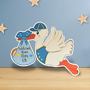 Cute News Welcome Home Baby Door Sign, Its a Boy Personalized Announcement, Stork Hanger Decoration, Shower Party Wreath, Hospital New Birth Arrival Banner, Custom Newborn Keepsake Gift, Blue