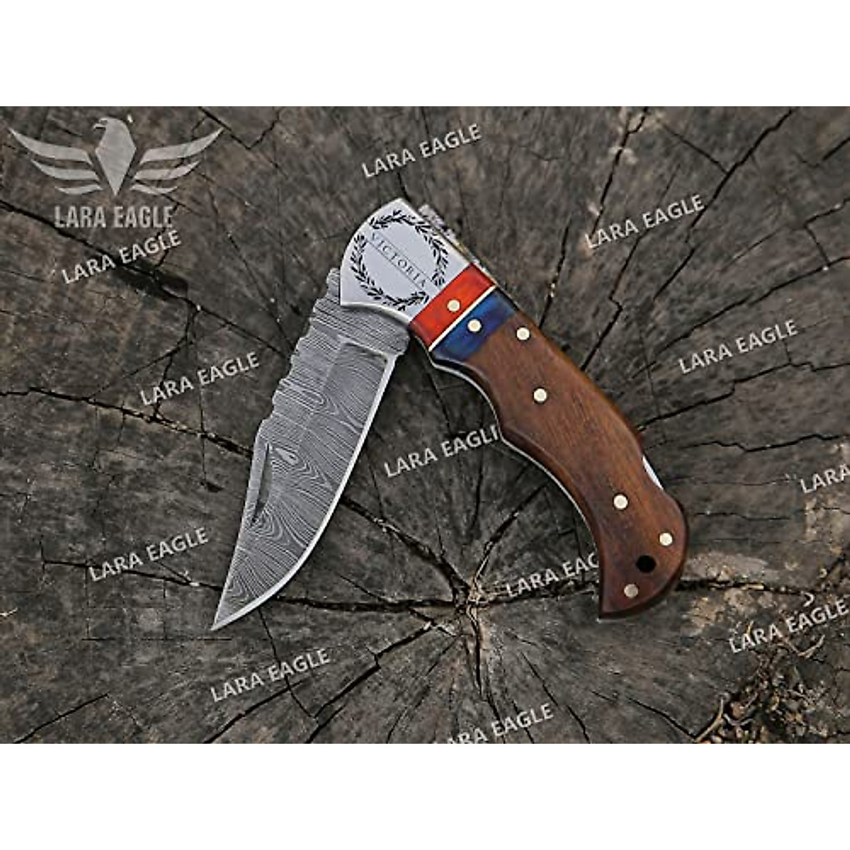 Lara Eagle Personalised Damascus Pocket Knife for Men - 133 Layer Solid Steel Handmade Folding Hunting Knives with Sharpner and Leather Pouch - Best Knife for Camping Hunting Hiking - Father’s Day Gifts for Men Husband Dad