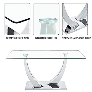 63" Modern Glass Dining Table for 4-6, Contemporary Rectangular Kitchen Dining Room Table with Tempered Glass Tabletop and Metal Pedestal Base, Large Long Dining Room Pedestal Table
