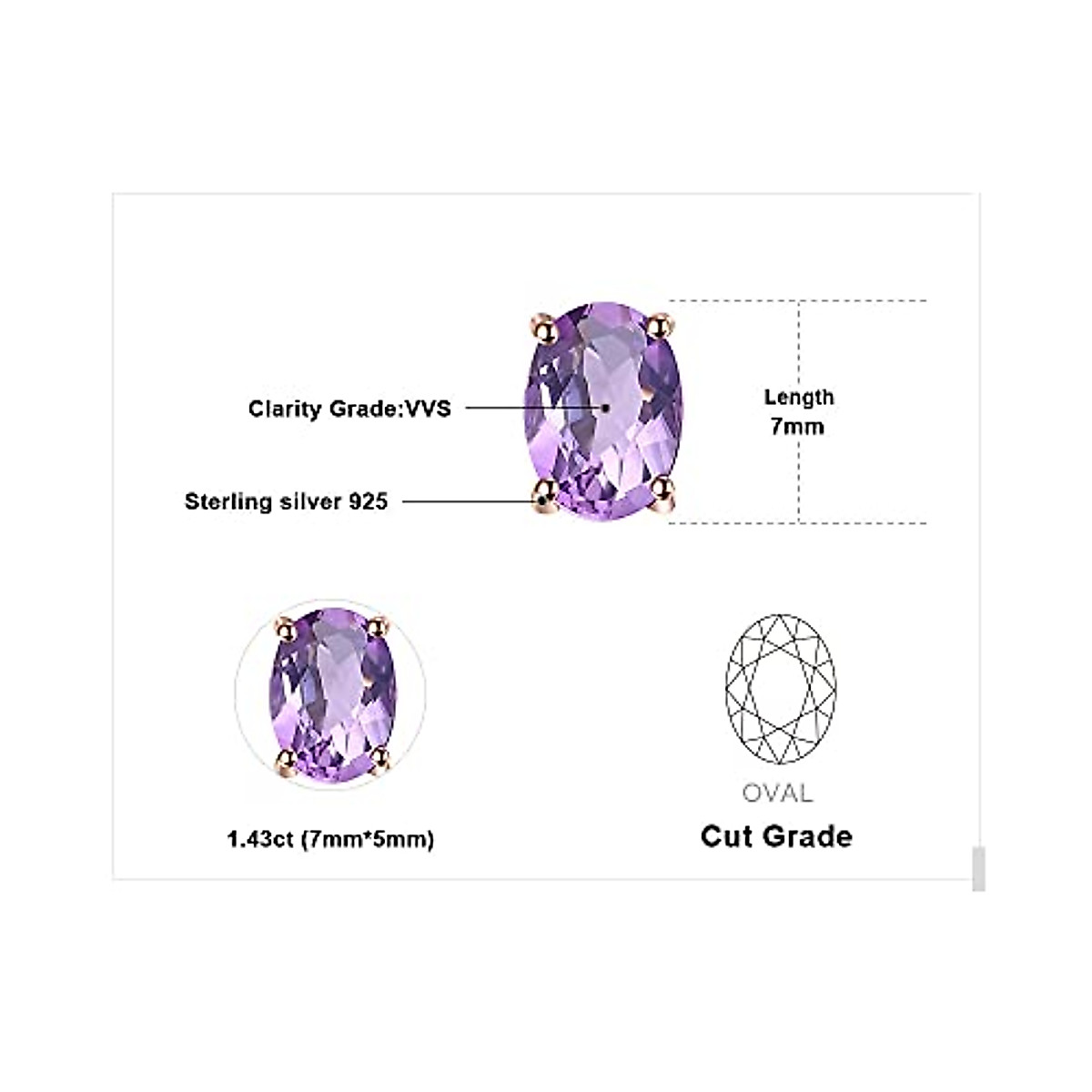JewelryPalace Natural Purple Amethyst Stud Earrings for Women, 14k Rose Gold Plated 925 Sterling Silver Earrings for Women, Gemstones Jewelry Sets for Her