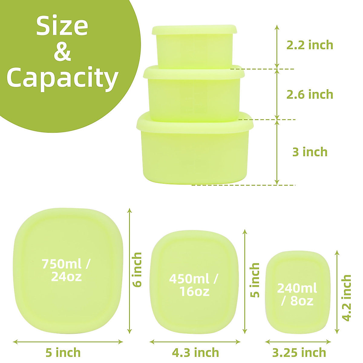 Viotiin Silicone Food Storage Containers with Airtight Lids, Set of 6, 8oz + 16oz + 24oz, Nesting Meal Prep Container for Lunch, Leftovers, Fruits, Dishwasher & Microwave & Freezer Safe, Green + Blue