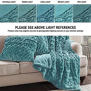 Comfort Spaces Ruched Faux Fur Plush 3 Piece Throw Blanket Set Ultra Soft Fluffy with 2 Square Pillow Covers, 50"x60", Teal