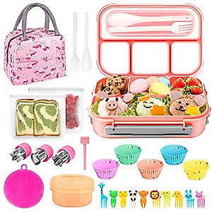 XIANKE 27Pcs Bento Box Lunch Box Kit, 1300ML Lunch Container for Kids/Adults, Durable Leak-proof Box 4 Compartments with Spoon Fork Bag Accessories, Microwave Dishwasher Freezer Safe,BPA-Free