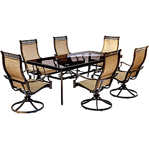 Hanover Monaco 7-Piece Patio Dining Set with 6 PVC Swivel Rockers and Tempered Glass Rectangular Dining Table, Rust and Weather Resistant Aluminum Outdoor Dining Set for 6